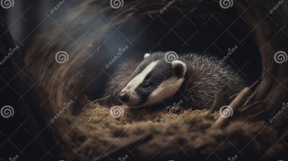 A Badger is Curled Up in a Tree Stump in the Dark Stock Illustration ...