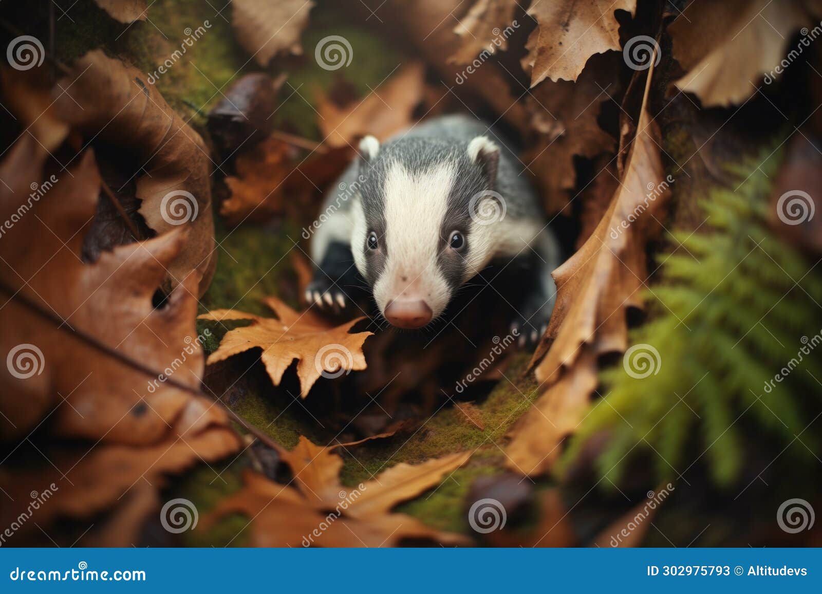 Badger Emerging from a Forest Burrow Surrounded by Leaves Stock Image ...