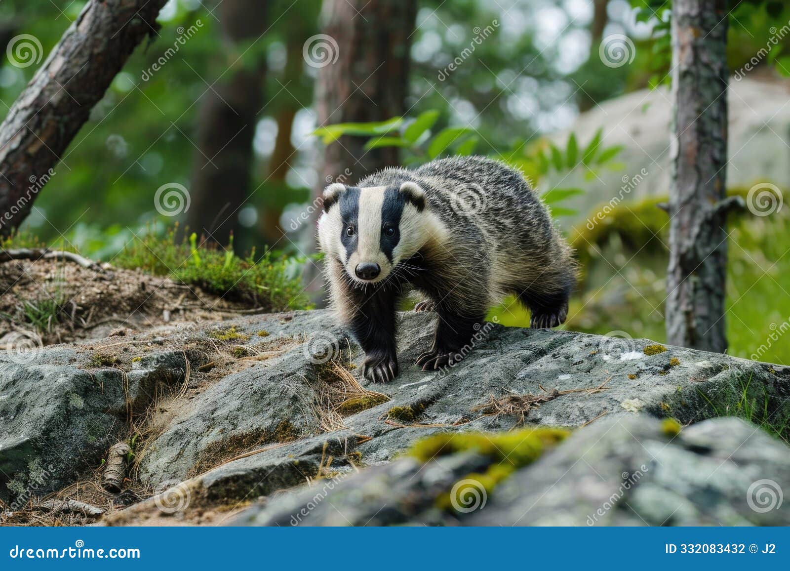 Badger Navigating Rocky Forest Terrain, Showing Distinctive Black-and ...