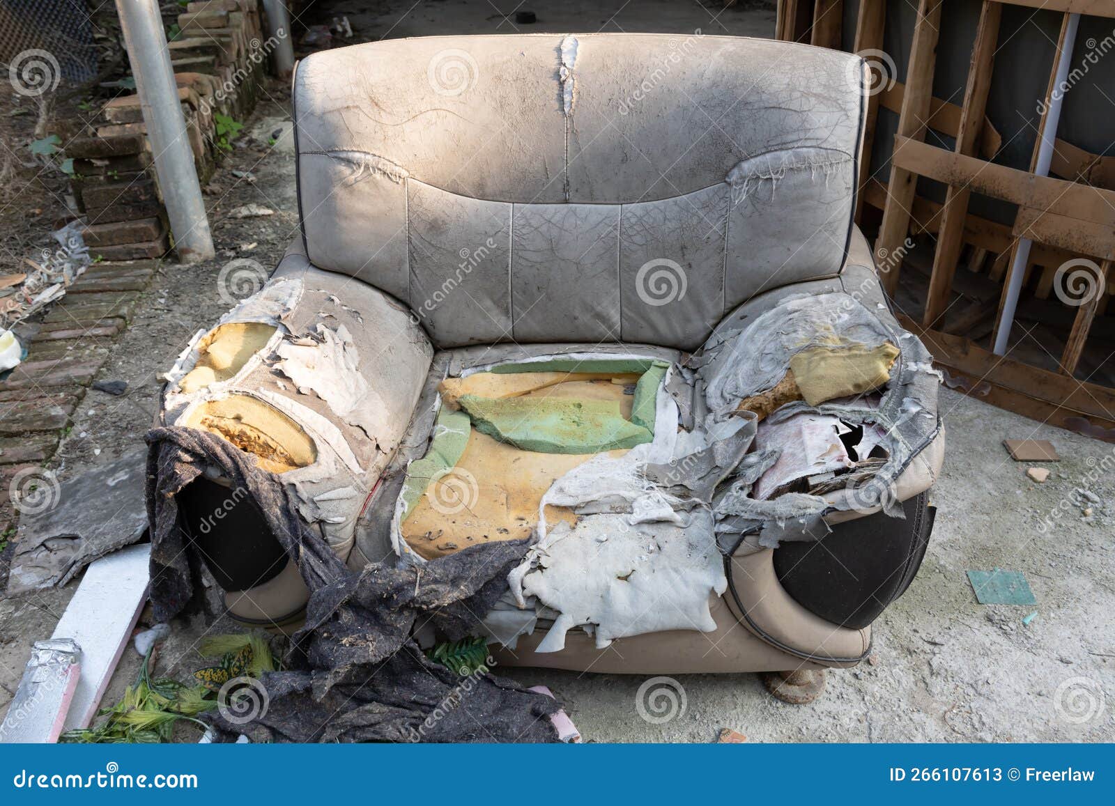 Badly Damaged Sofa in the Outdoor at Horizontal Composition Stock Image ...