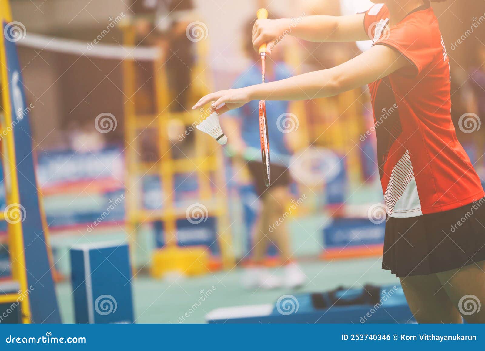 Badminton Professional Player Serve Shuttlecock in Action Game Match ...