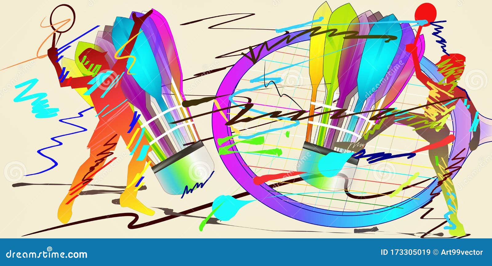 Badminton Racket Action Colourful Brush Strokes Style Stock ...