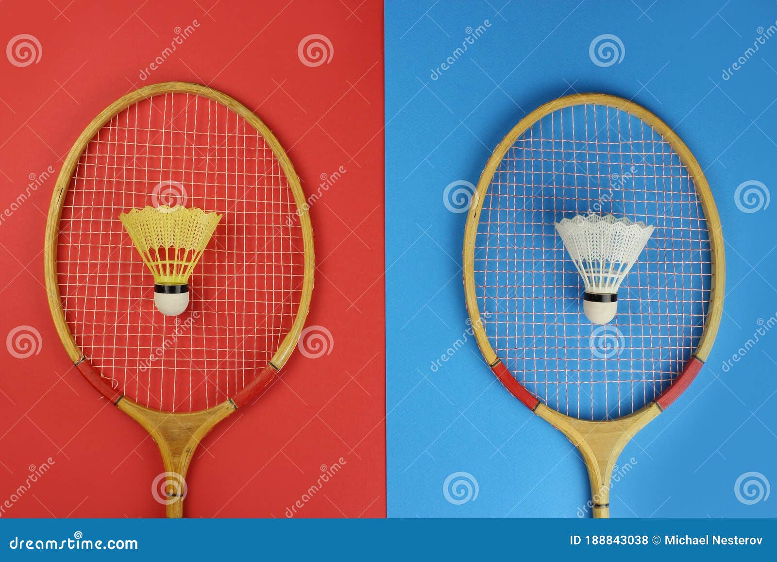 Badminton Rackets and Shuttlecock on a Red and Blue Colored Background ...