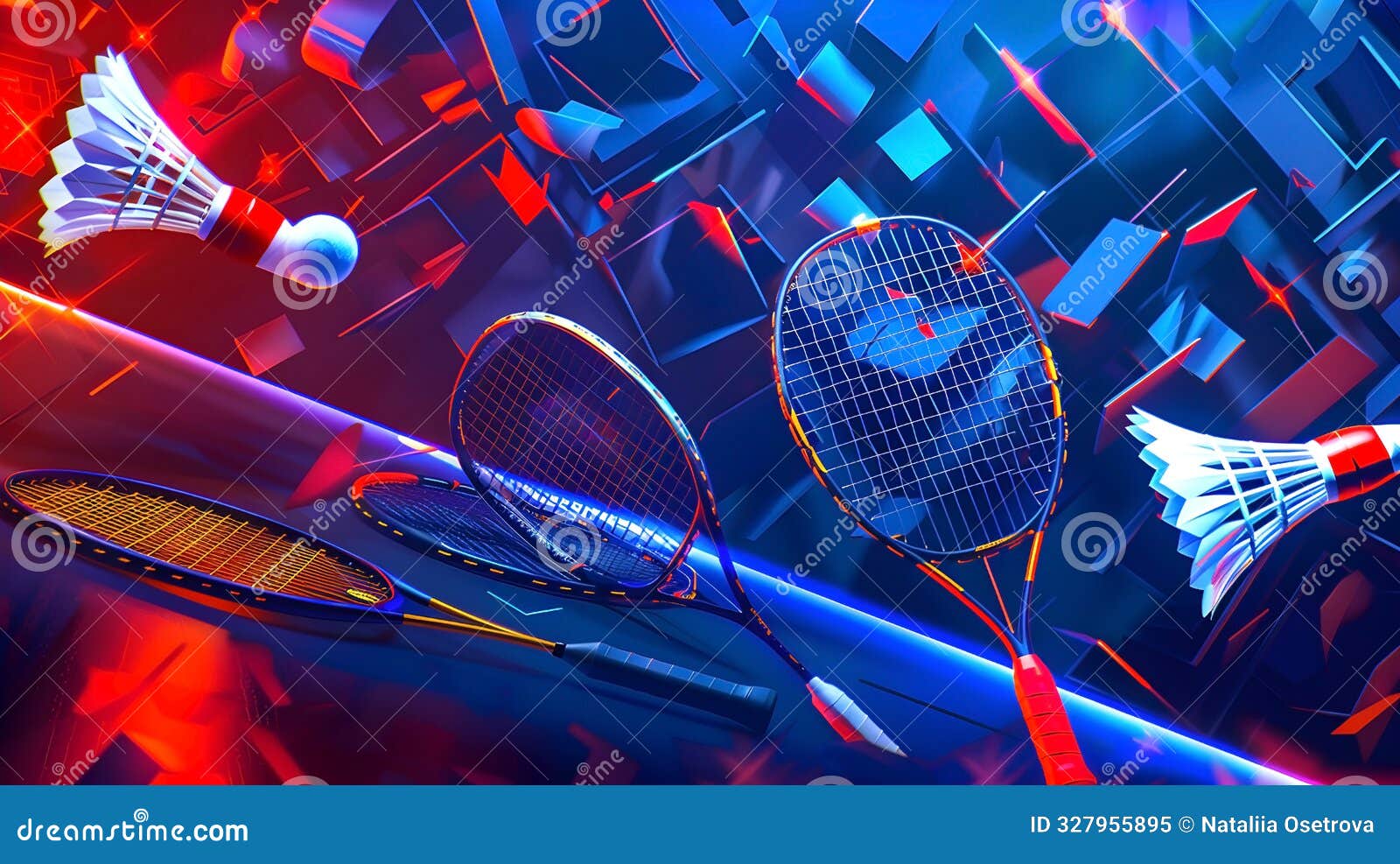 Badminton Rackets and Shuttlecocks with Neon Lights and Abstract ...