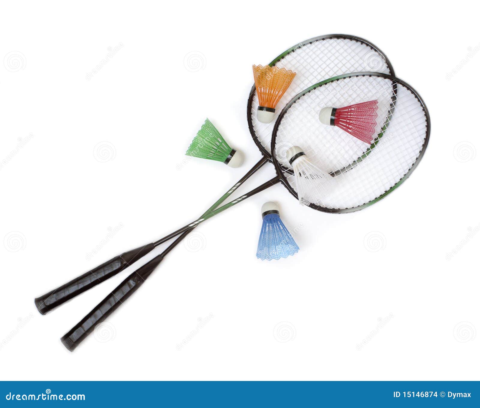 Badminton Racquets with Color Shuttlecocks Over White Background Stock ...