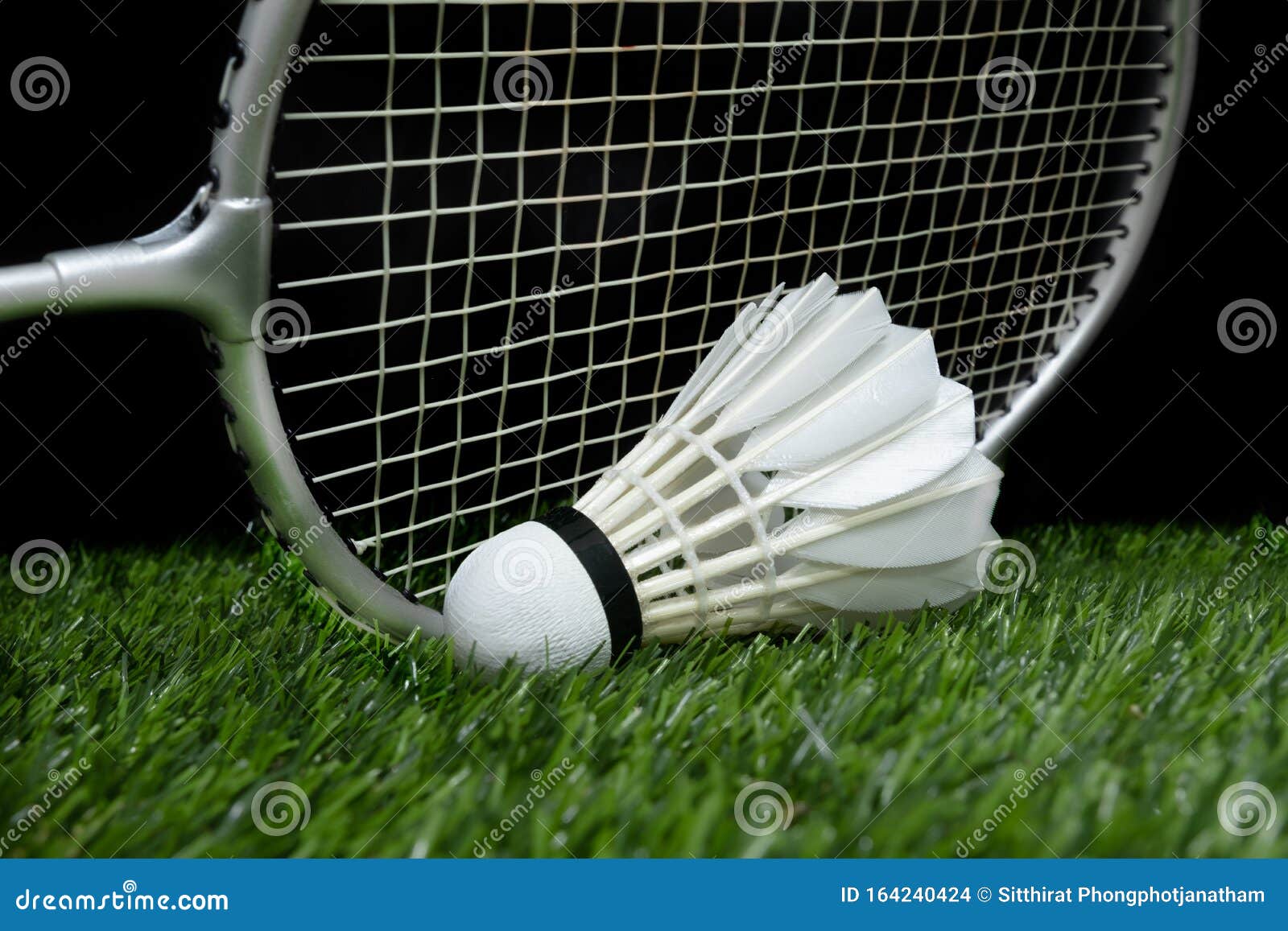 Badminton Shuttlecock on Grass with Racket Stock Photo - Image of ...