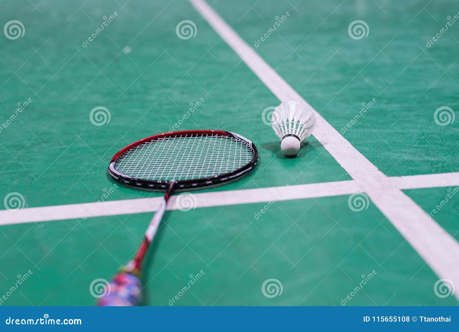 Badminton Shuttlecock and Racket on Court Stock Photo - Image of ...