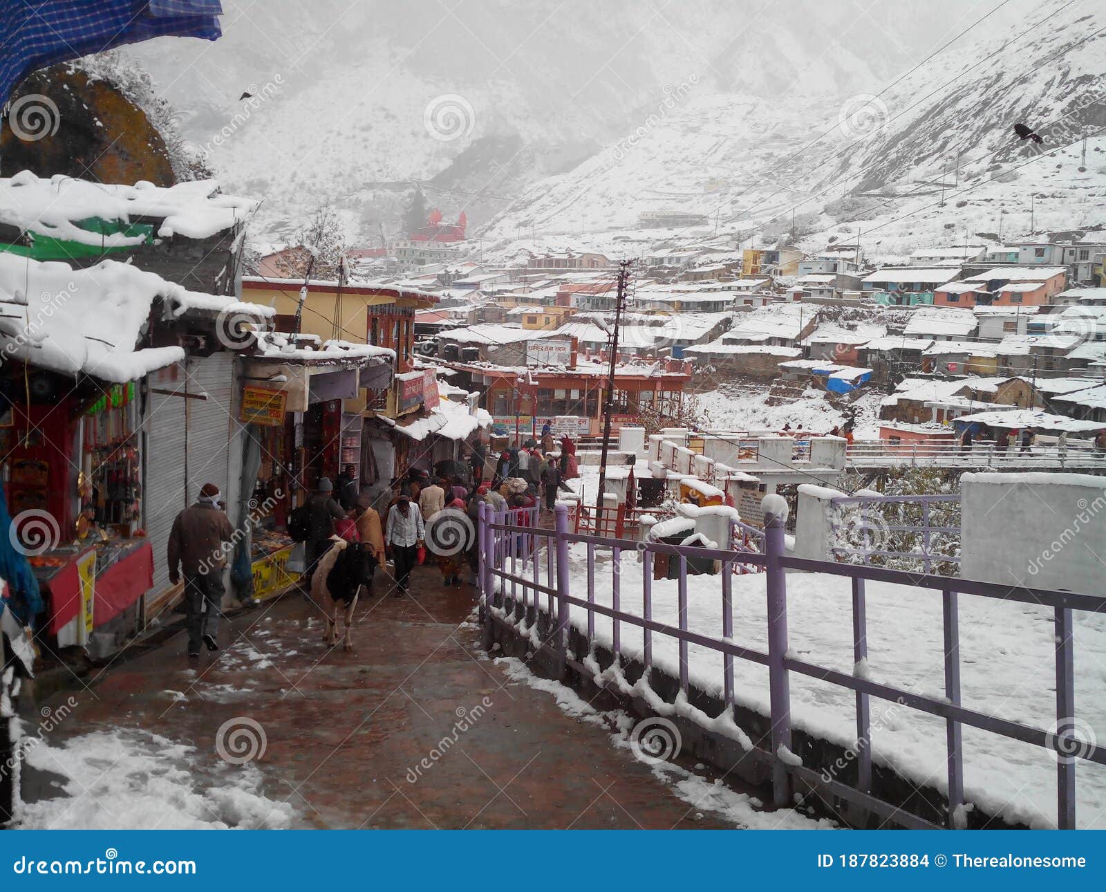 View of Badrinath Town during Snowfall, India Editorial Stock Image ...