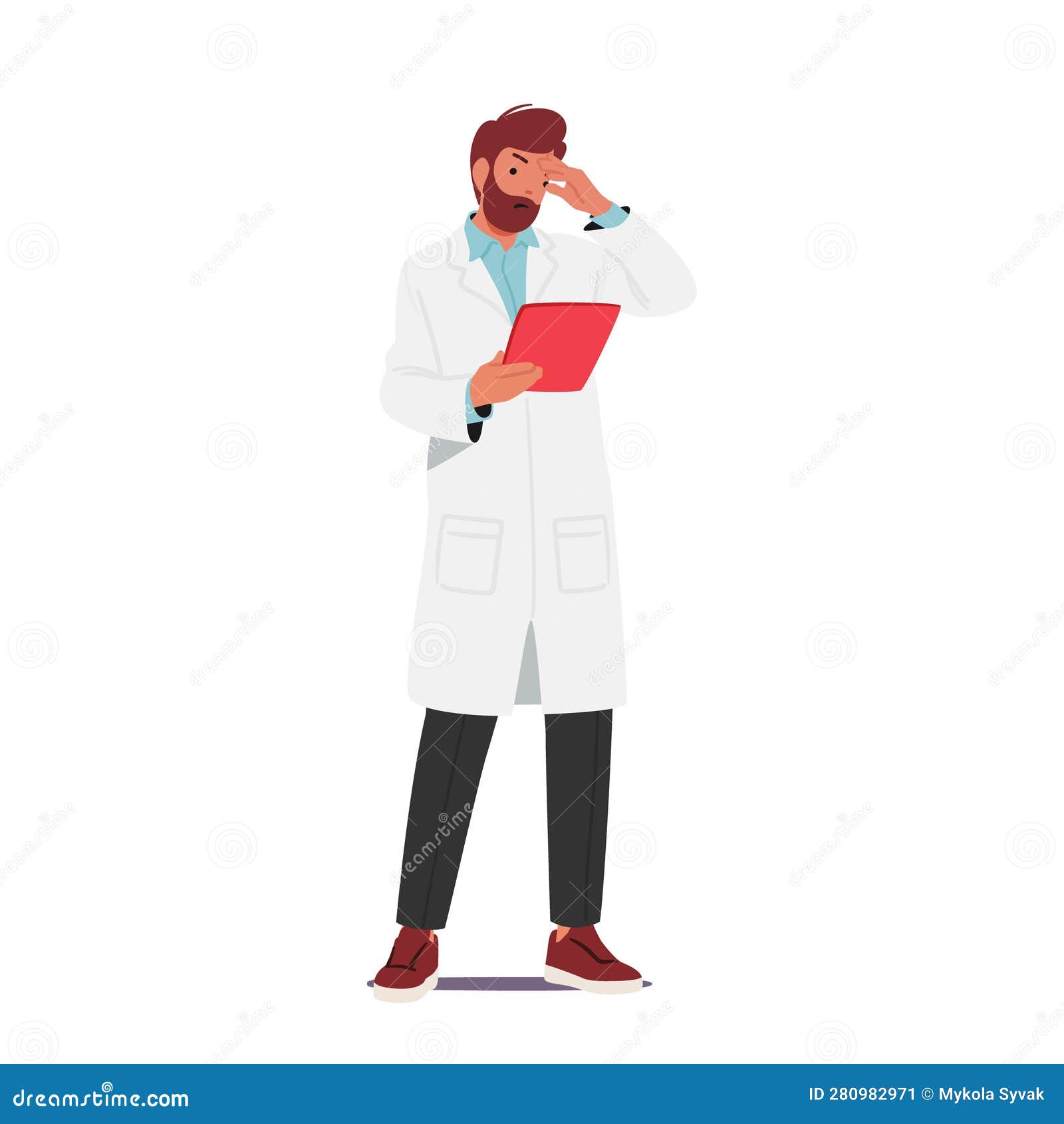 Baffled Male Doctor Character Staring at Clipboard with Document ...