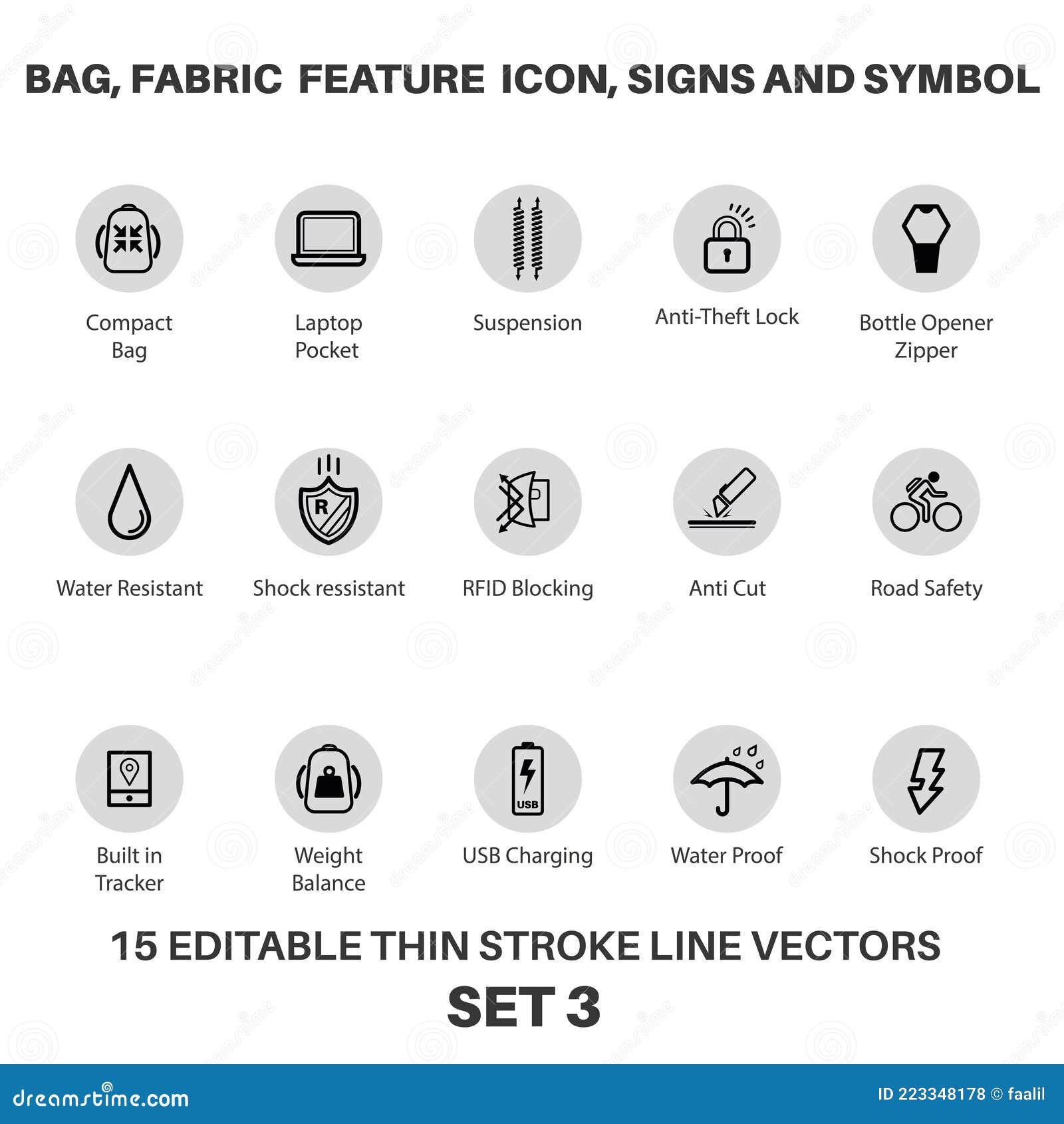 Bag and Backpack Fabric Feature Icon, Laptop Bag Performance Icon and ...