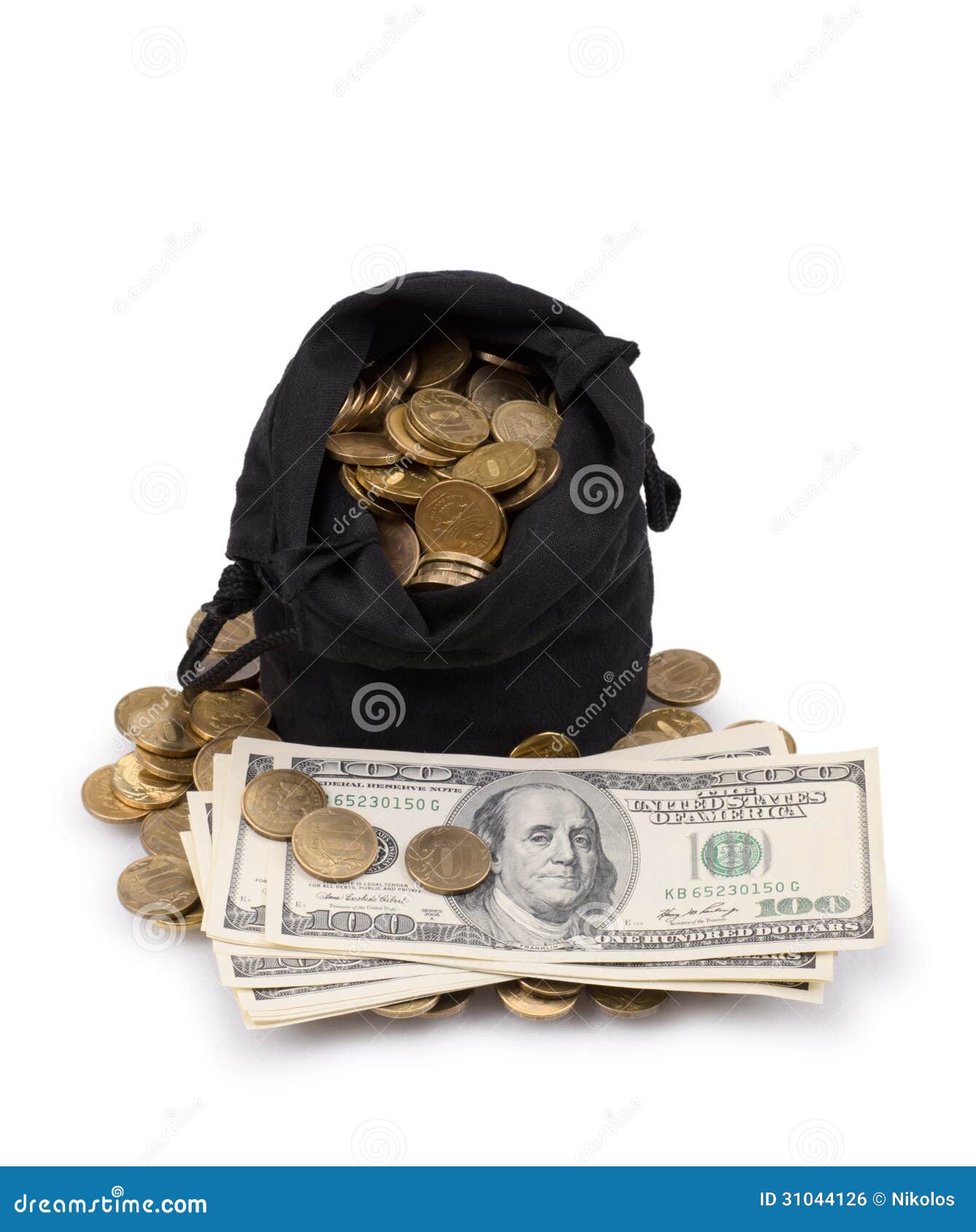 Bag of Gold Coins and Dollars Stock Photo - Image of sack, edge: 31044126
