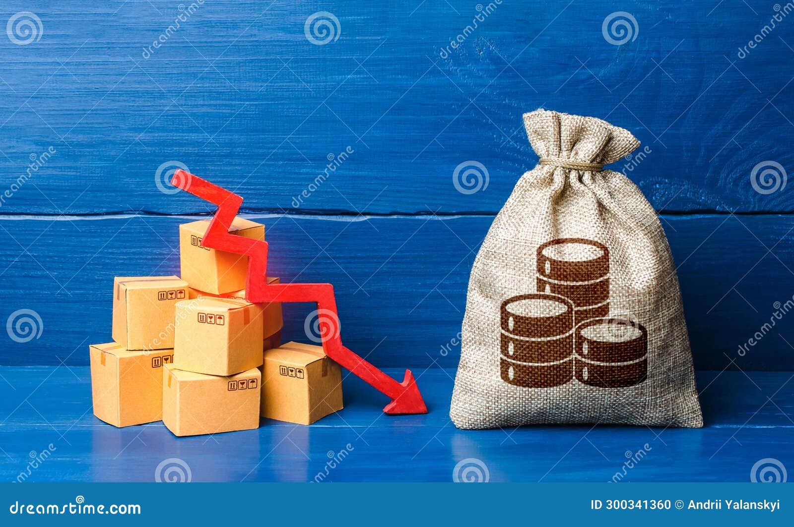 Bag with Money and Boxes with Down Arrow. Income Decrease Stock Photo - Image of reduced ...