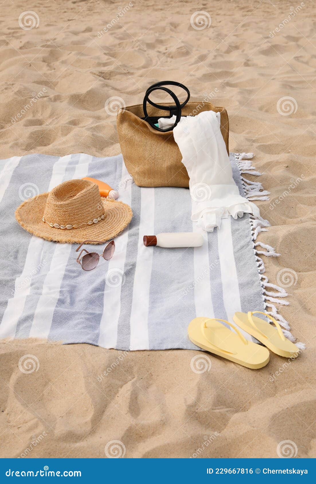 Bag and Other Beach Items on Sand Stock Photo - Image of sand, holiday ...