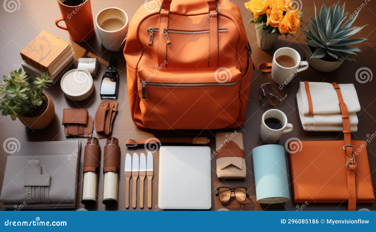 A Bag and Various Items on a Table Stock Illustration - Illustration of ...