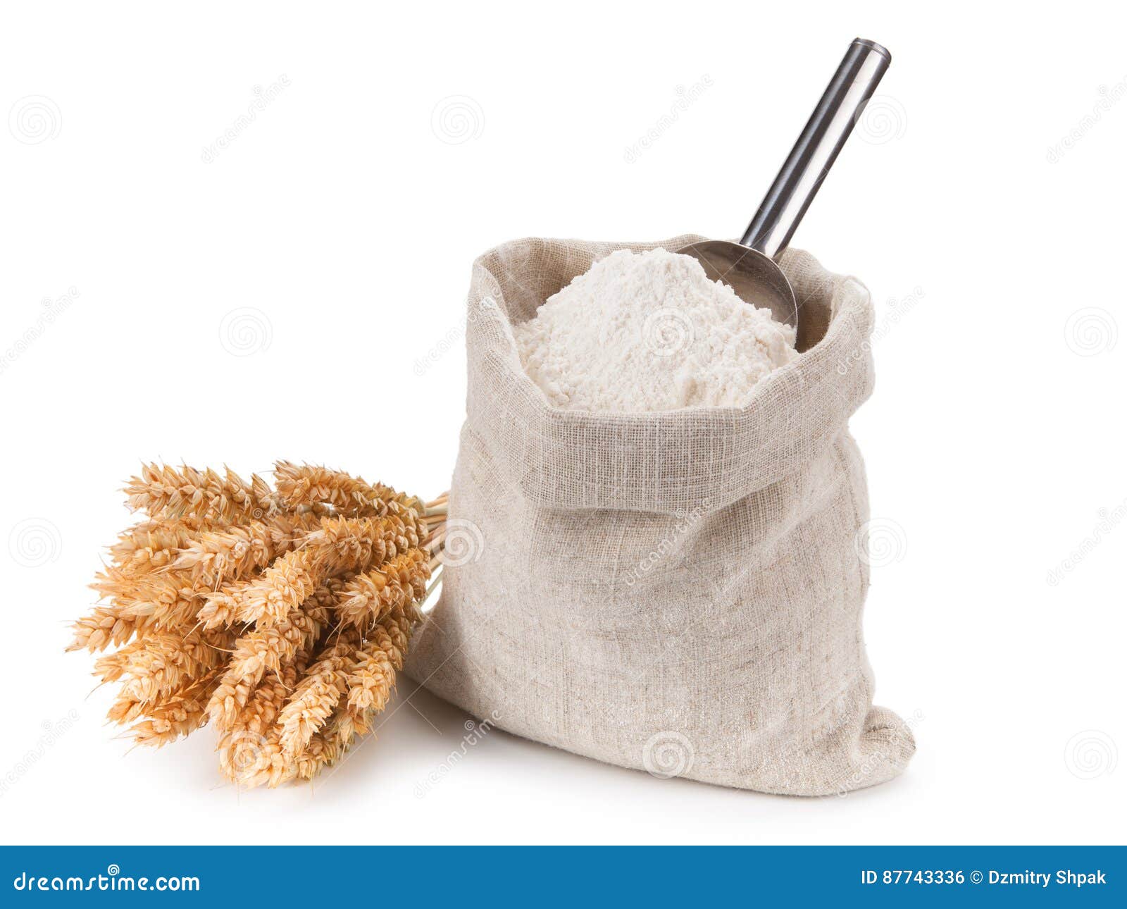 Bag of Whole Flour and Bunch Wheat on White Background. Stock Photo ...