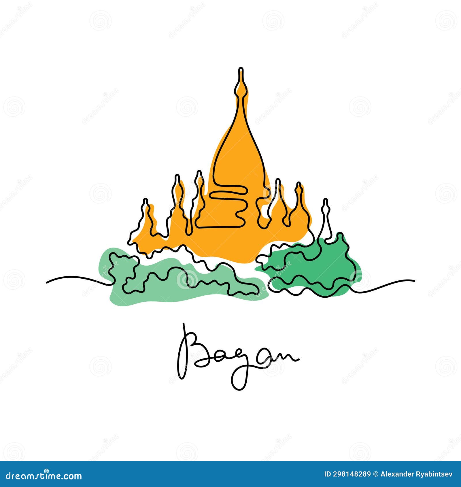 Bagan, Myanmar, Architecture Landmarks Skyline Vector Illustration ...