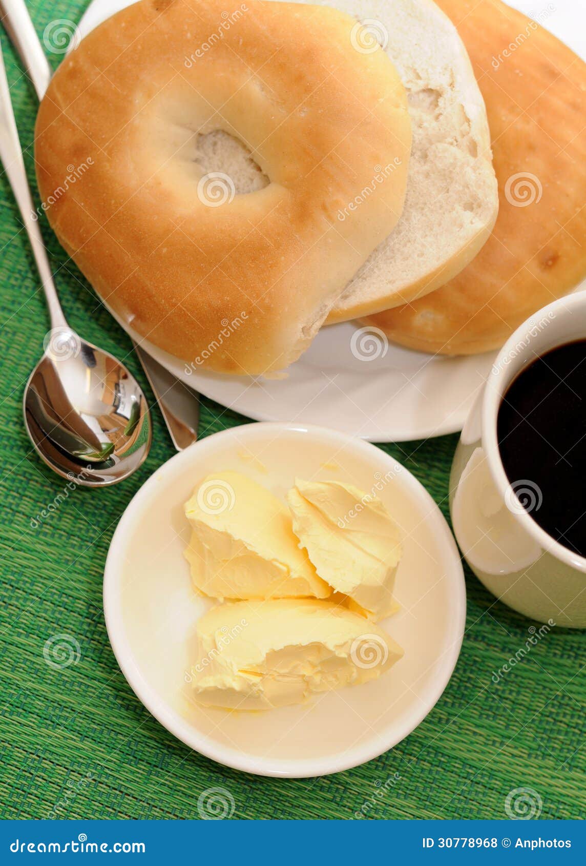 Bagel with Butter Cream and Coffee Stock Photo - Image of bread, plain ...