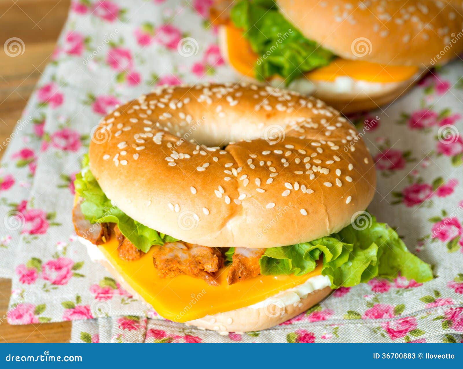 Bagel with Fresh Cheese and Fresh Lettuce Stock Image - Image of bagel ...