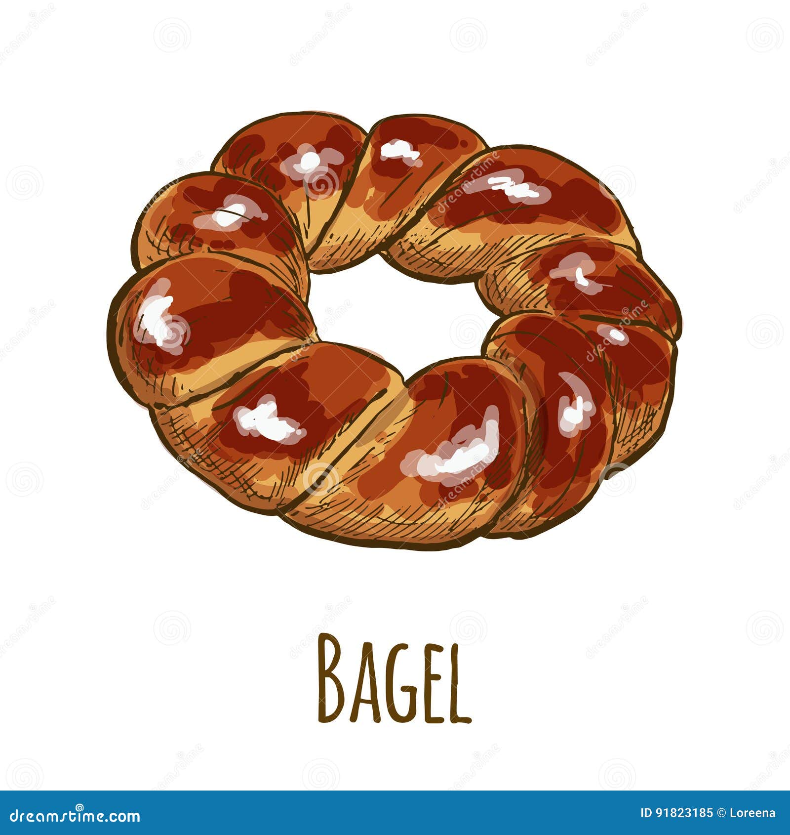 Bagel, Full Color Hand Drawn Stock Vector - Illustration of background ...