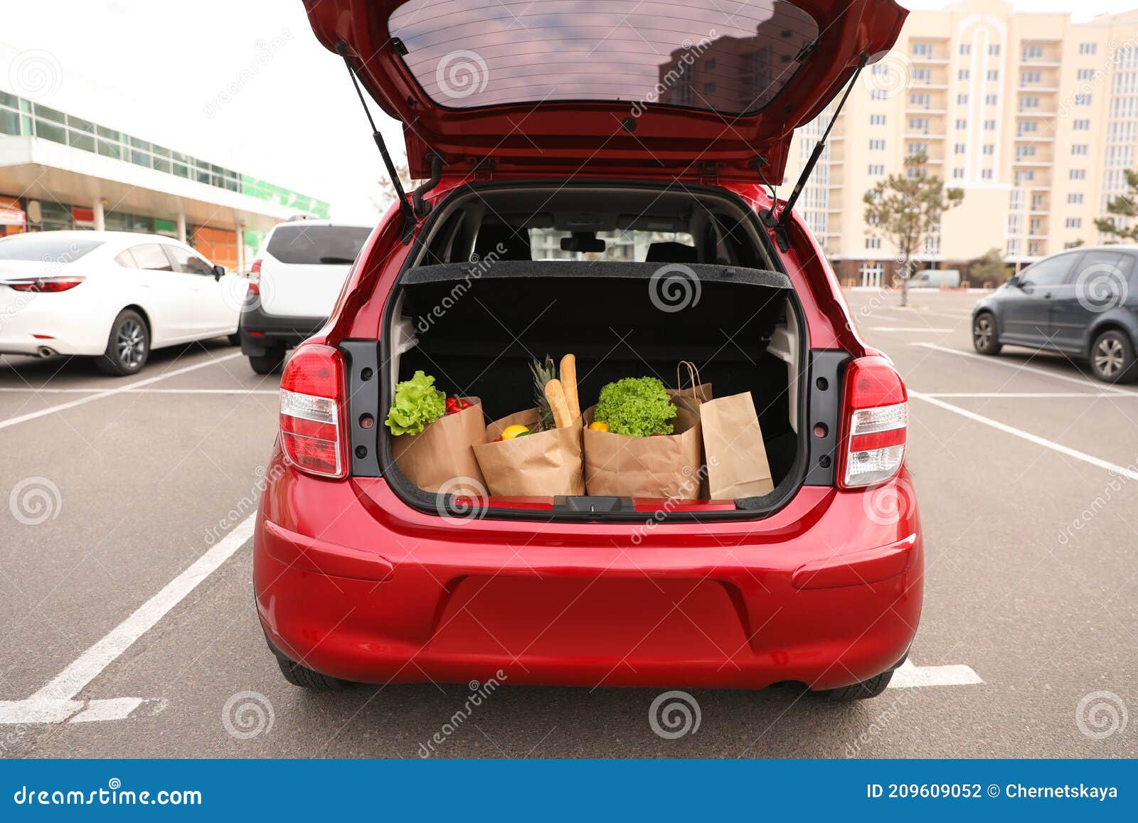 Bags Full of Groceries in Car Trunk Outdoors Stock Photo - Image of ...