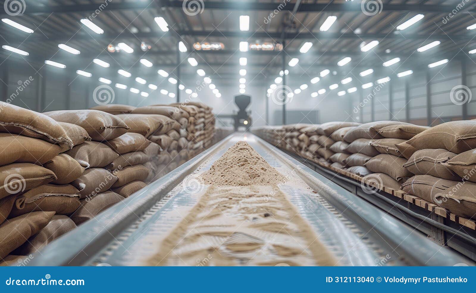 Bags of Grain Moving Down Conveyor Belt Stock Photo - Image of pillow ...