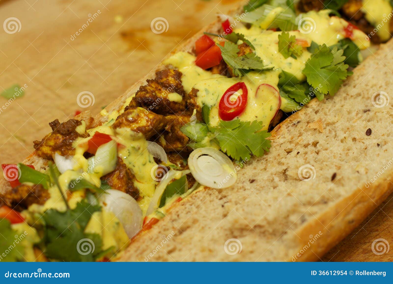 Baguette with Fried Chicken and Curry Sauce Stock Photo - Image of ...