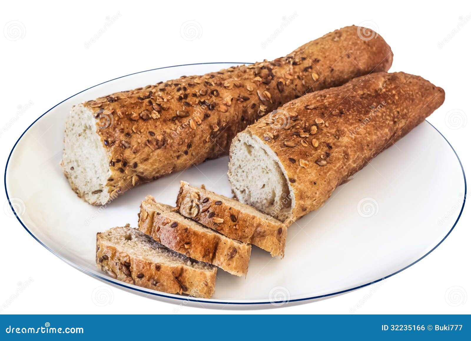 Baguette Integral Bread Cut in Slices on White Plate - Isolated Stock ...