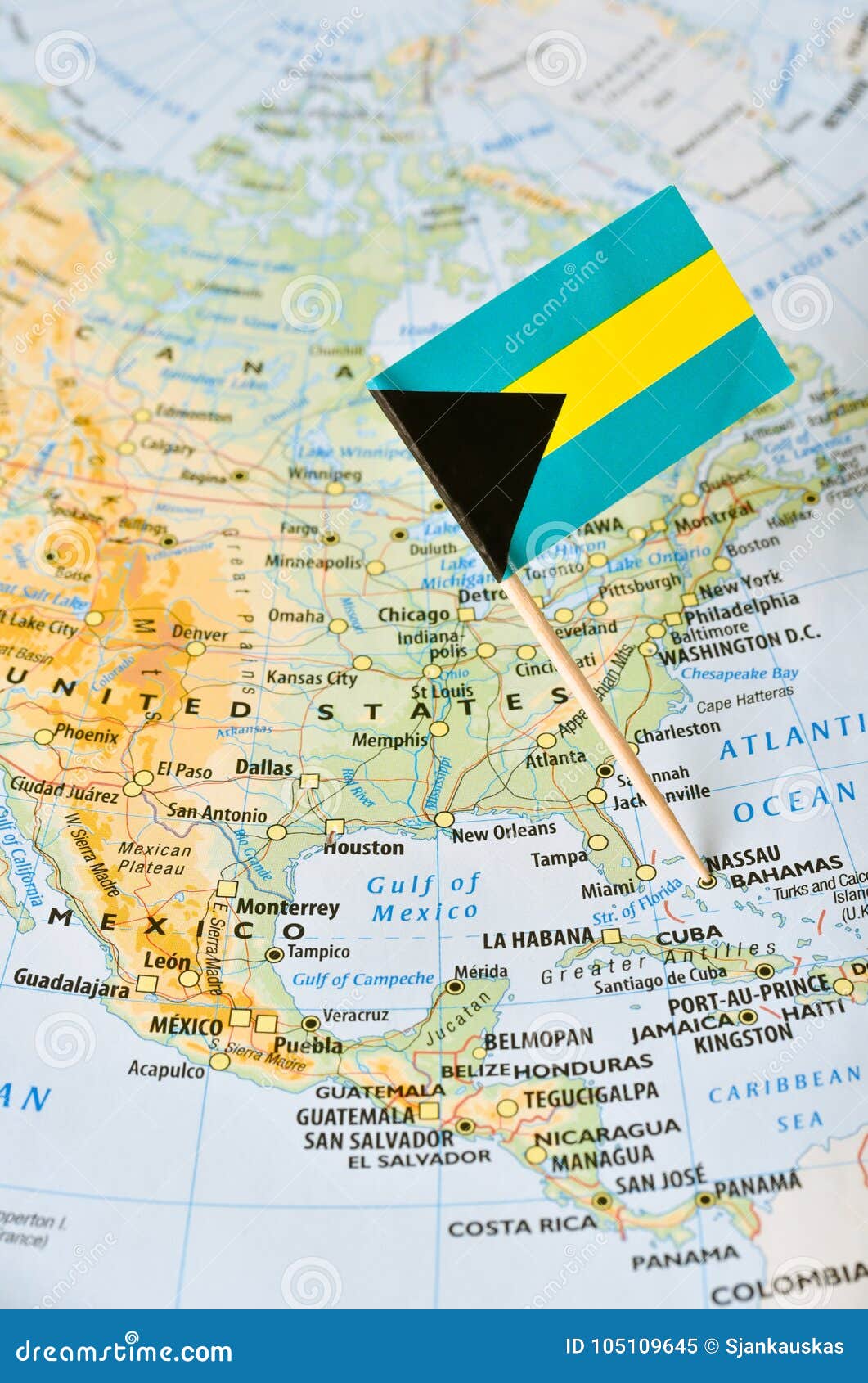 The Bahamas Map and Flag Pin Stock Image - Image of cities, continent ...
