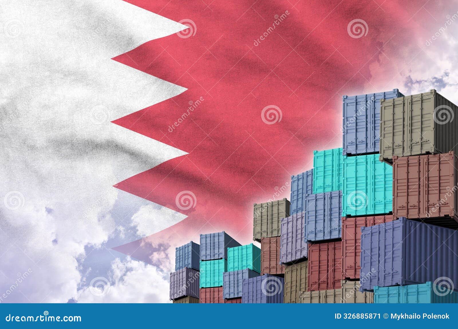 Bahrain Flag and Big Stack of Shipping Cargo Containers in Docks with ...