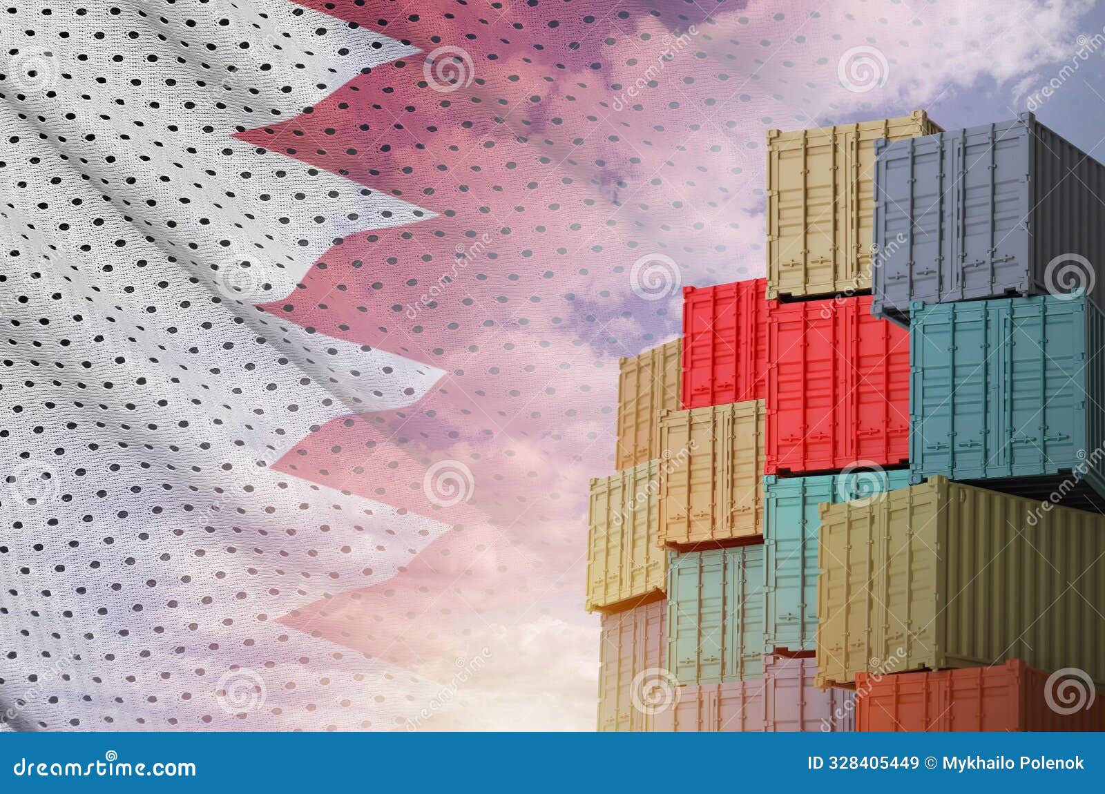 Bahrain Flag and Big Stack of Shipping Cargo Containers in Docks with ...