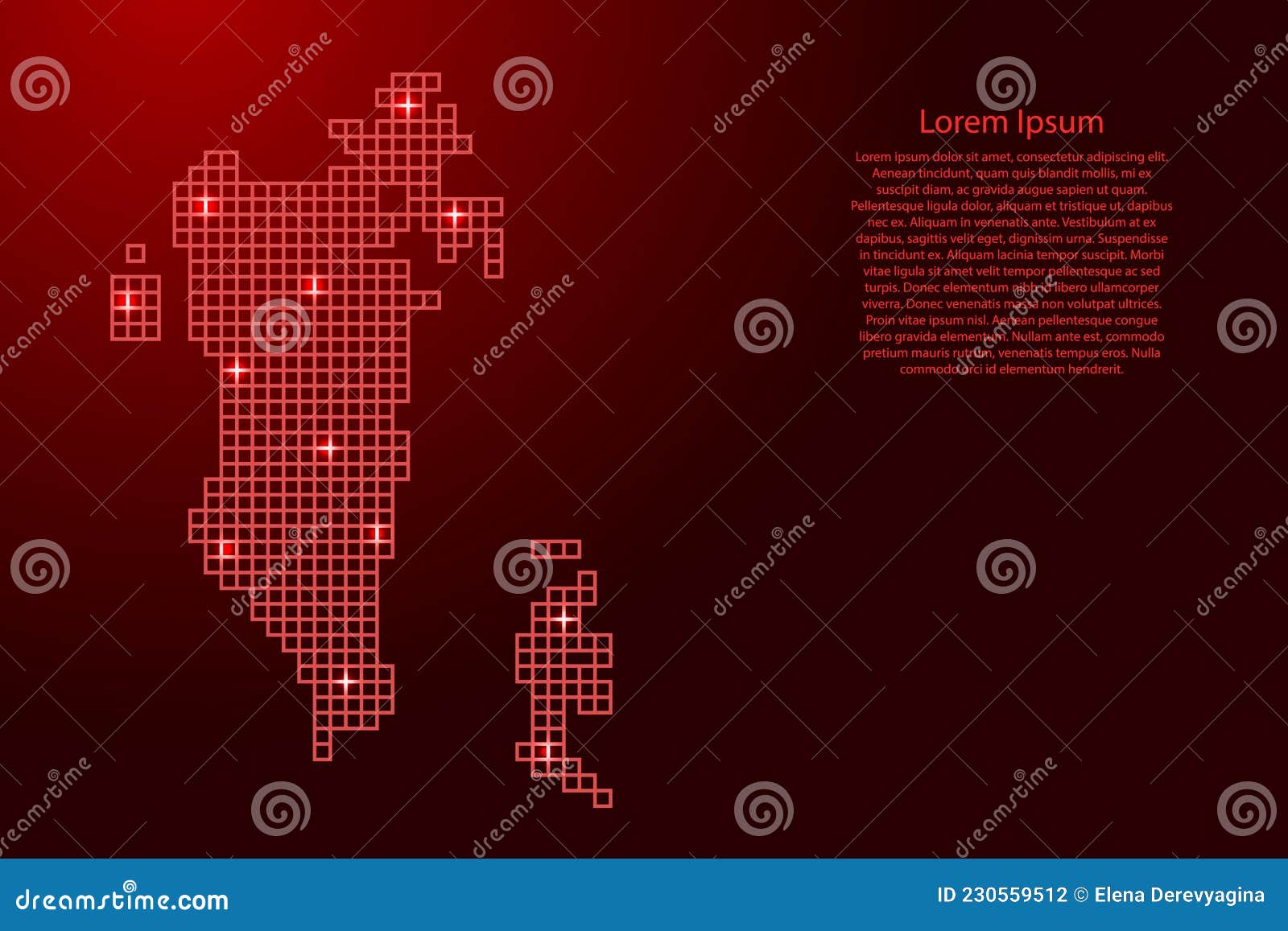Bahrain Map Silhouette from Red Mosaic Structure Squares and Glowing ...
