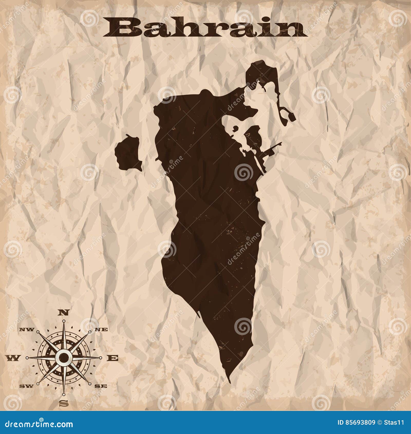 Bahrain Old Map with Grunge and Crumpled Paper. Vector Illustration ...