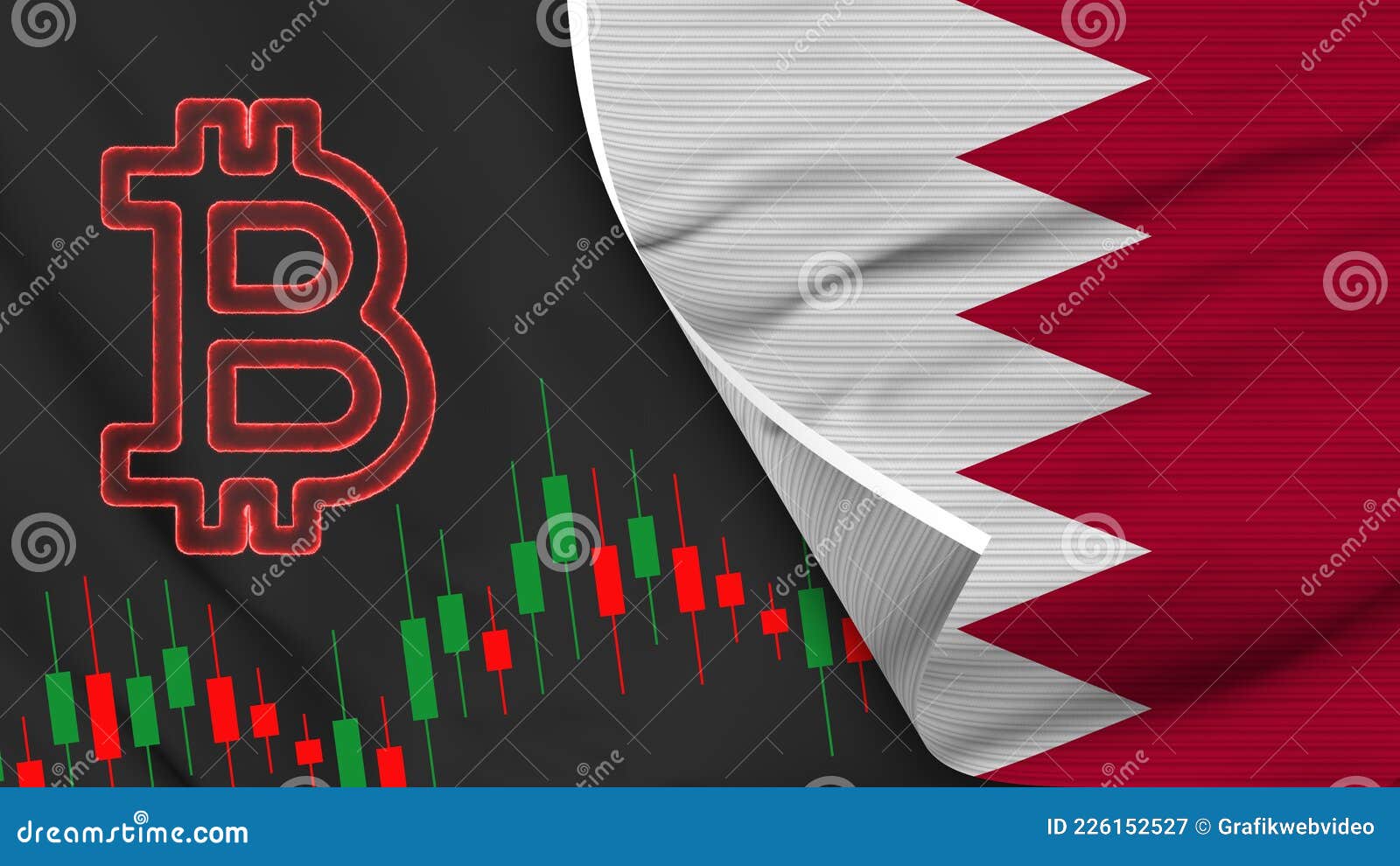 Bahrain Realistic Flag with Bitcoin Icon Fabric Texture 3D Illustration ...