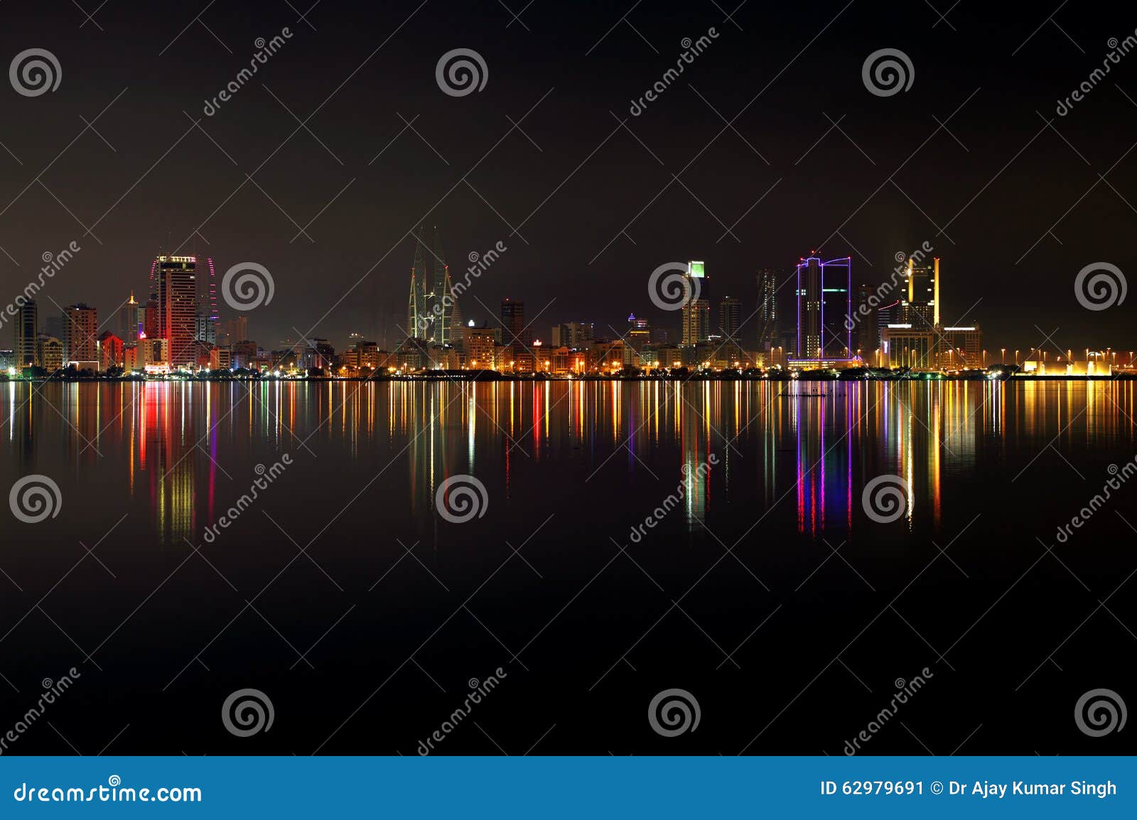 Bahrain Skyline at Night and Reflection Stock Image - Image of calm ...