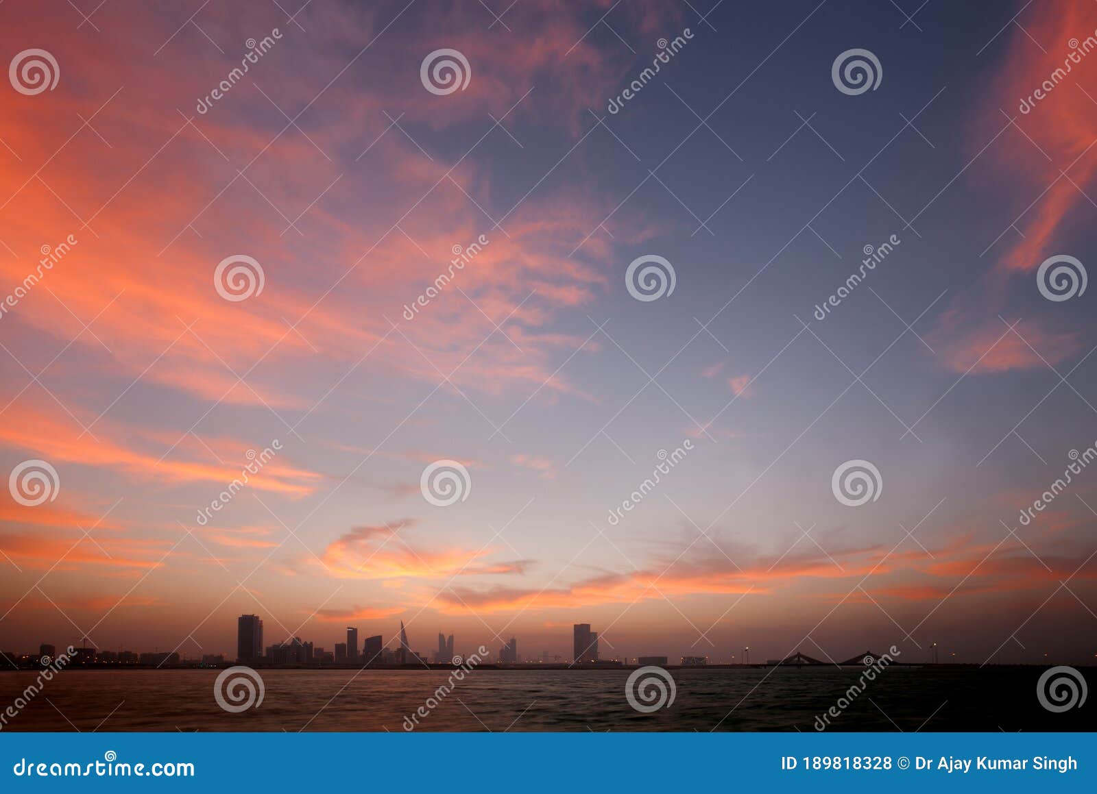 Bahrain skyline at sunset stock photo. Image of high - 189818328