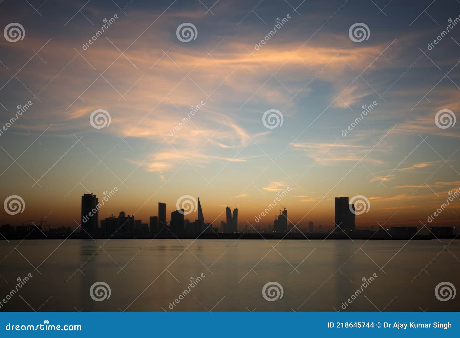 Bahrain skyline at sunset stock photo. Image of spectacular - 218645744