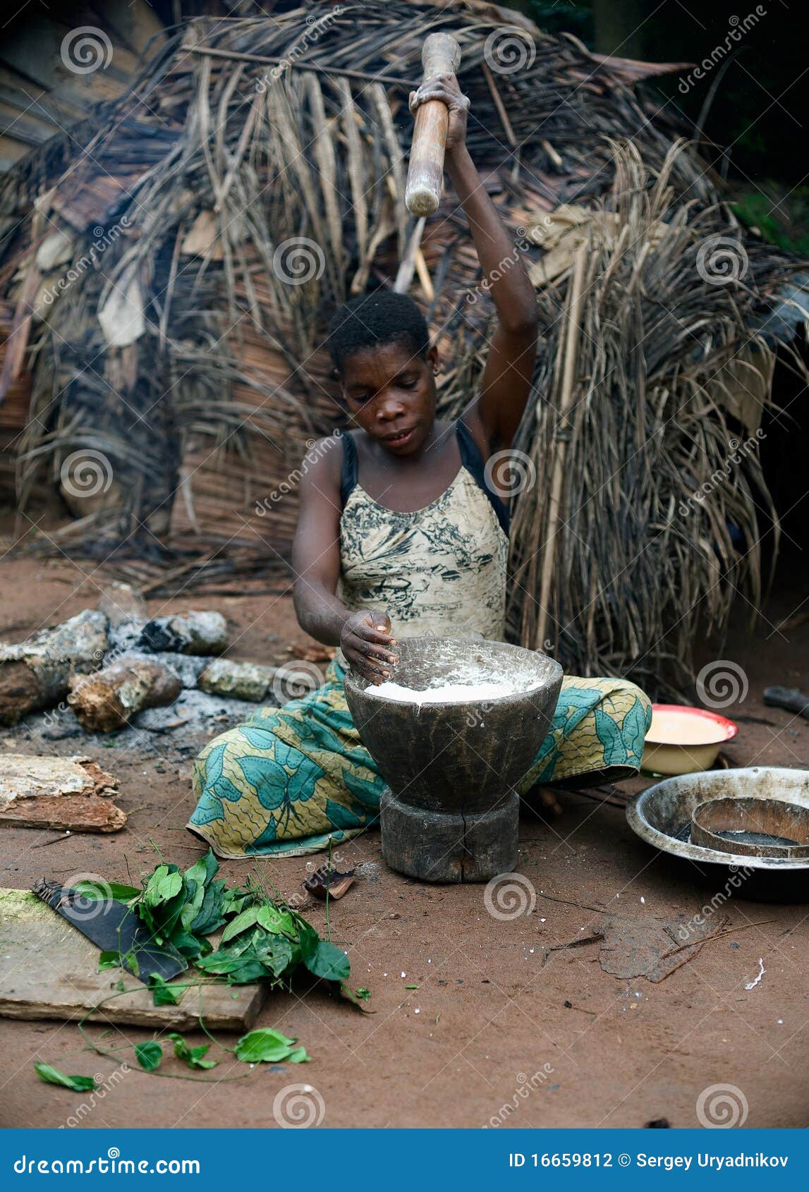 The Baka Woman Pounds a Flour in a Mortar. Editorial Photography ...