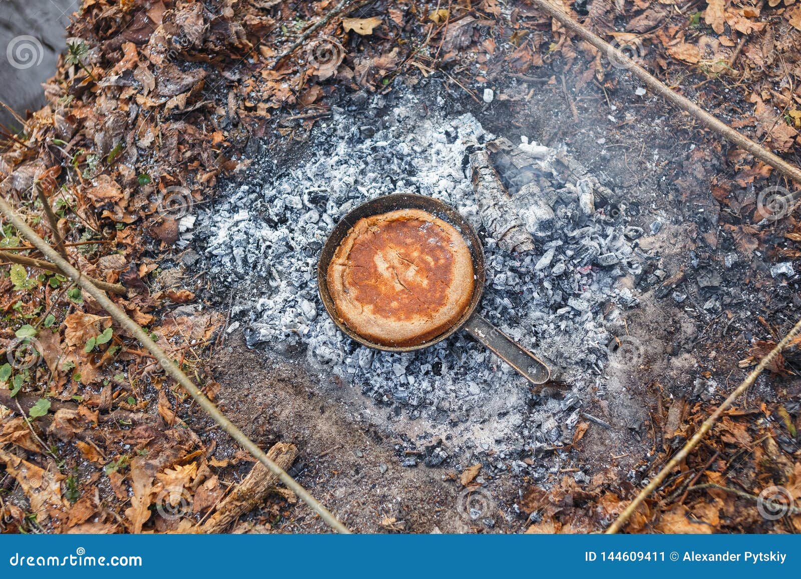 We Bake Bread from the Dough in a Pan on the Coals of the Fire Stock ...