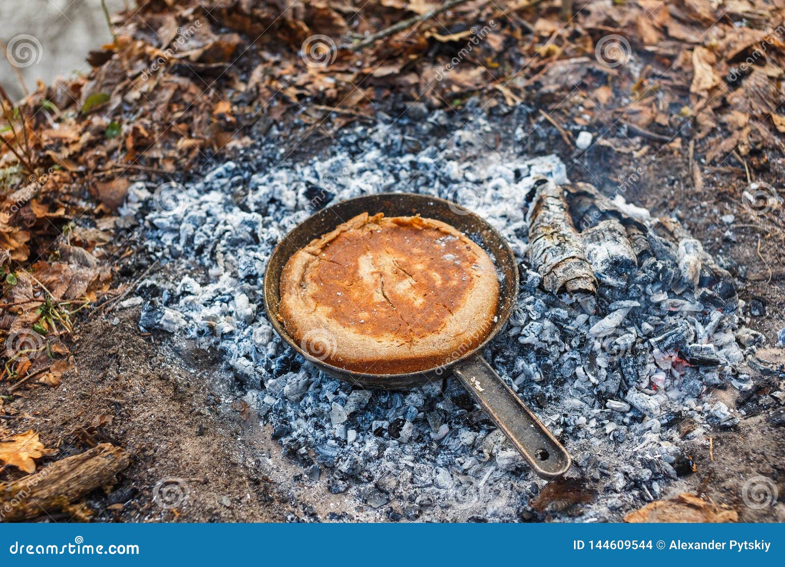We Bake Bread from the Dough in a Pan on the Coals of the Fire Stock ...