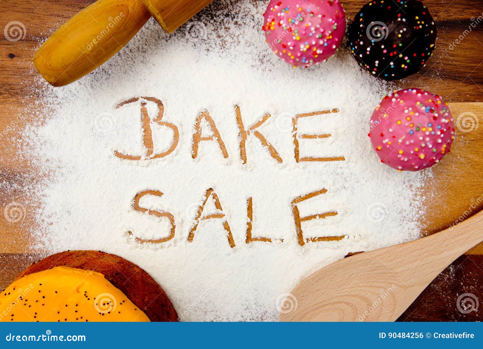 Bake Sale with cake stock photo. Image of color, board - 90484256