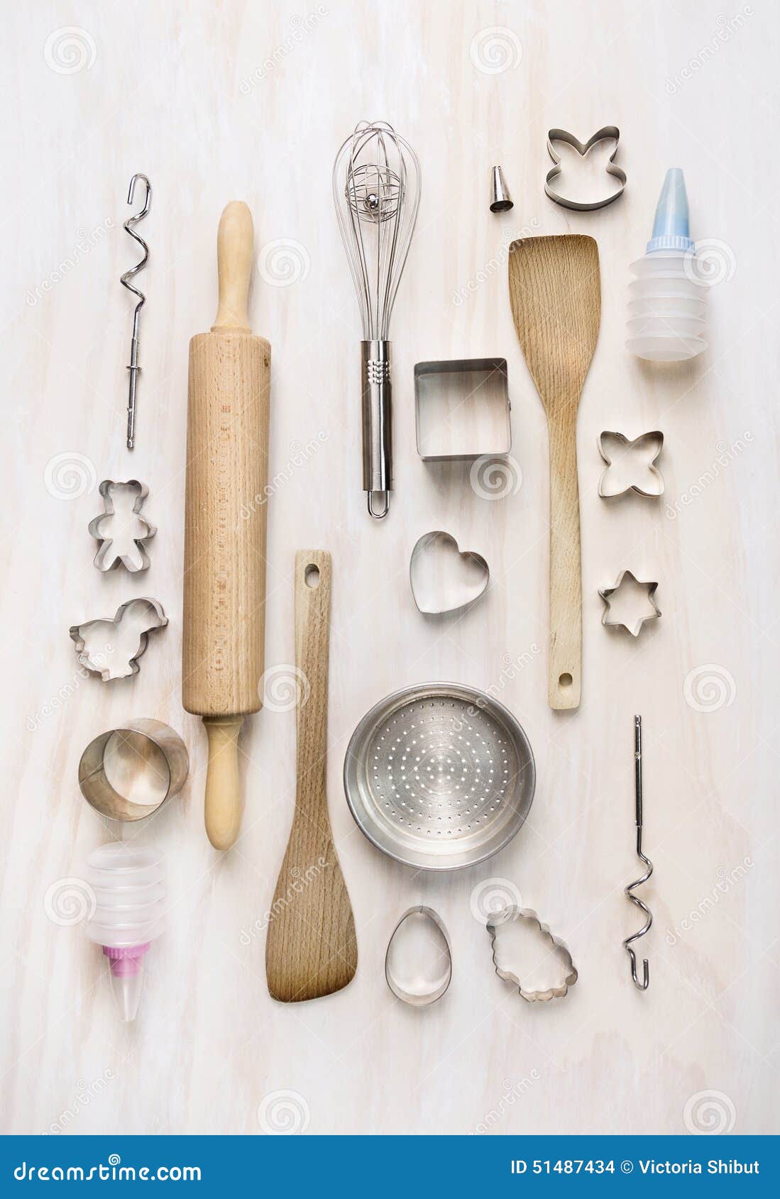 Bake Tools Setting on White Wooden Background, Top View Stock Photo ...