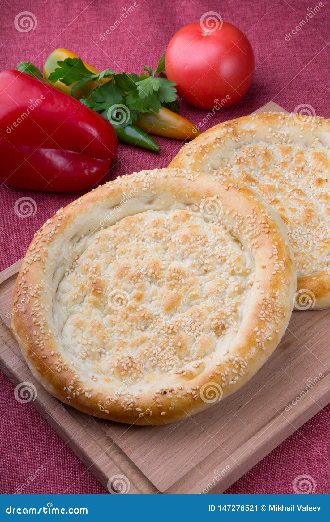 Baked Asian Flatbread Served on Wooden Board Stock Image - Image of ...