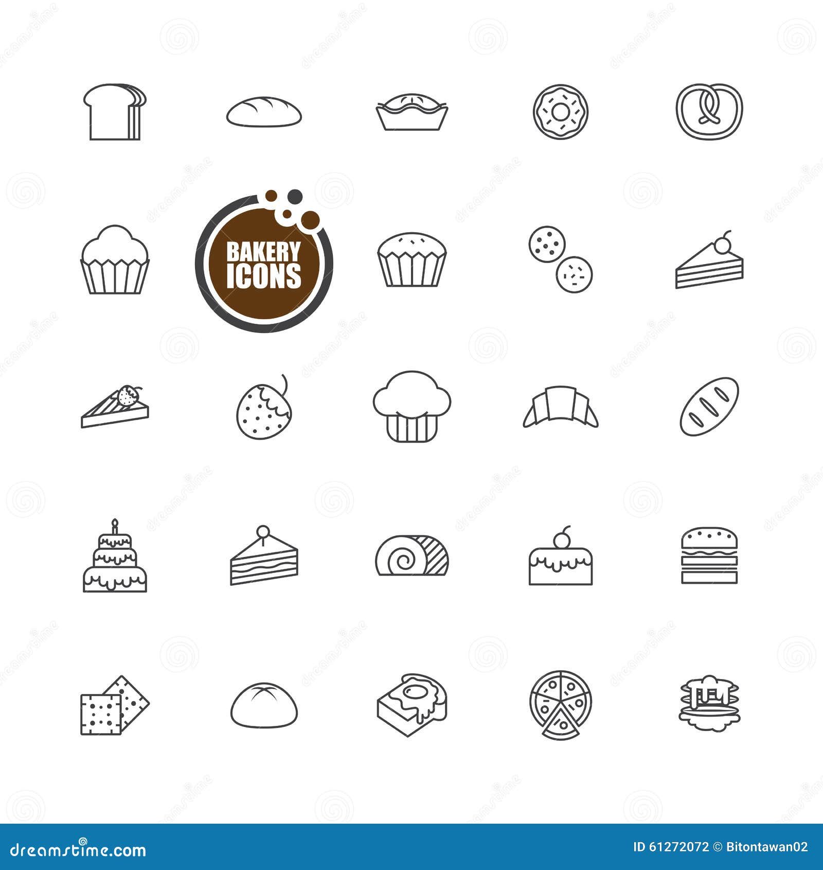 Baked Bakery Bread Icons Line Set Vector Illustration | CartoonDealer ...
