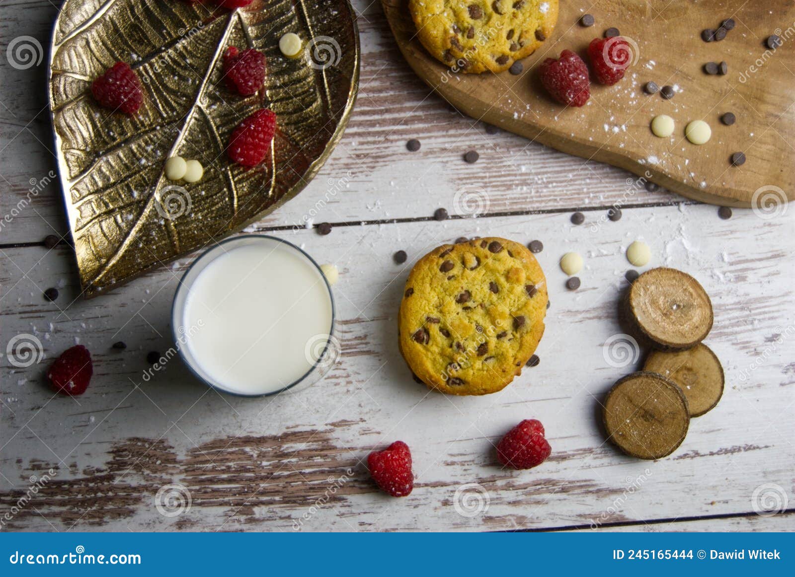 Baked Biscuits with Raspberries and Milk with Chocolate Drops on the ...