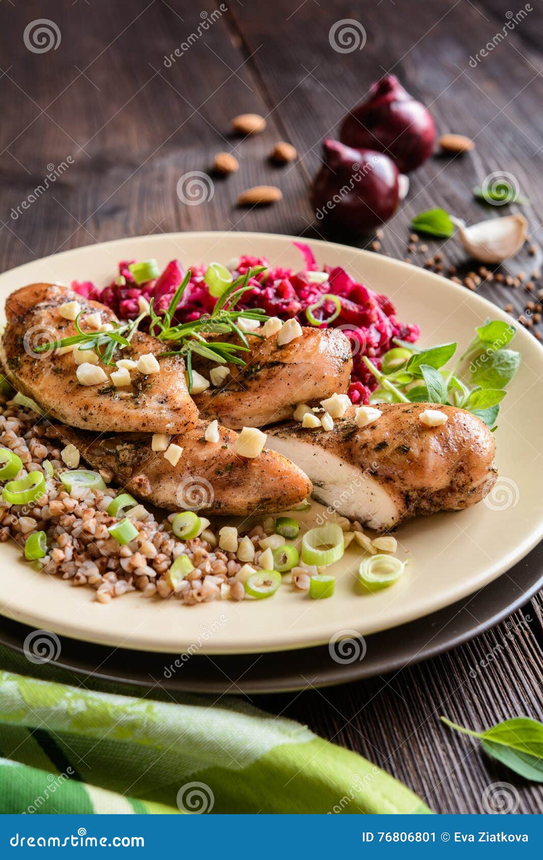 Baked Chicken Breast with Buckwheat, Beetroot and Onion Stock Image ...