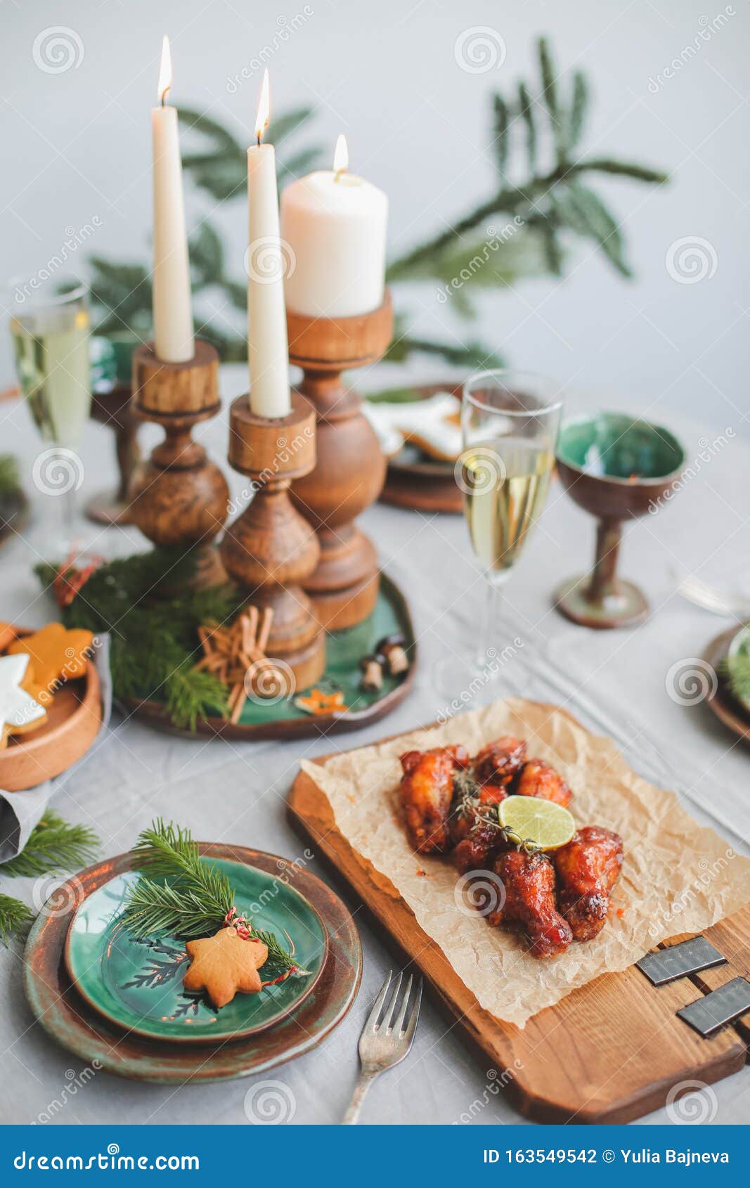 Baked Chicken for Christmas Dinner, Festive Table Setting. Stock Photo ...