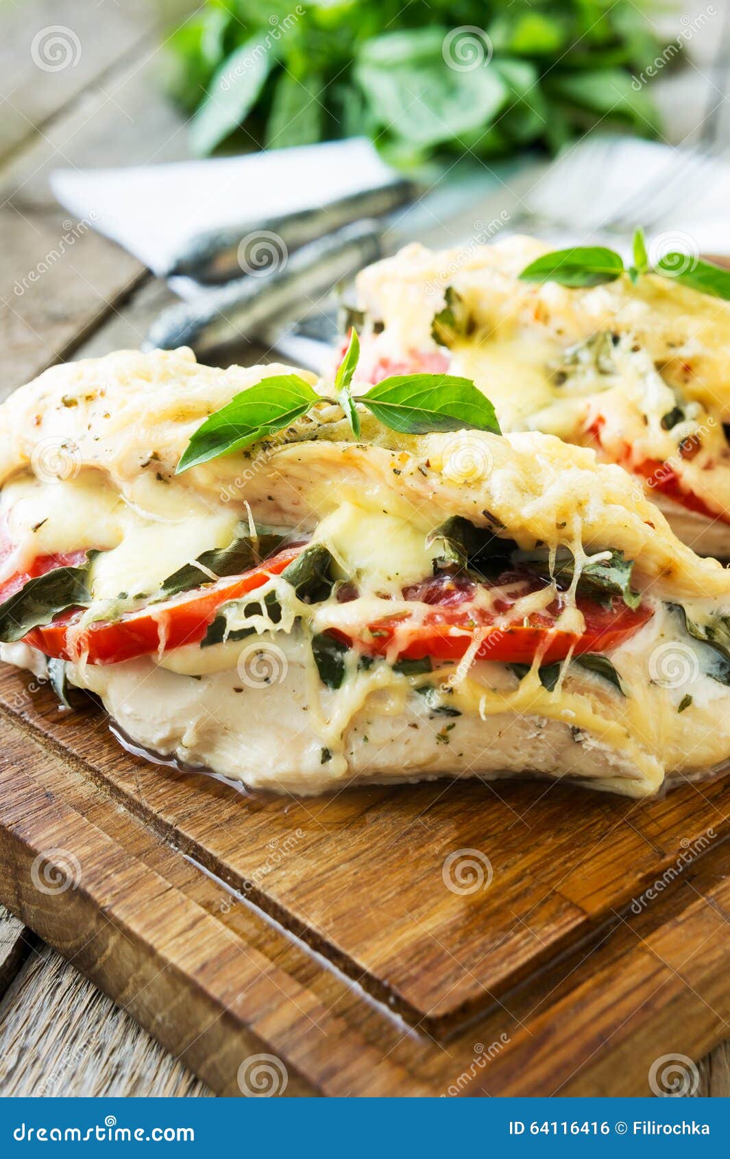 Baked Chicken Fillet with Mozzarella, Tomatoes and Basil Stock Photo ...