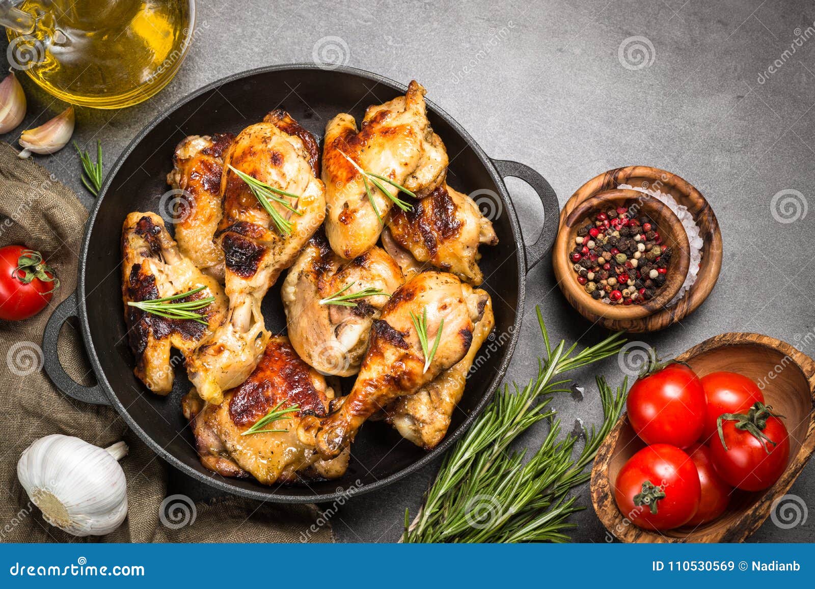 Baked chicken top view. stock image. Image of chicken - 110530569