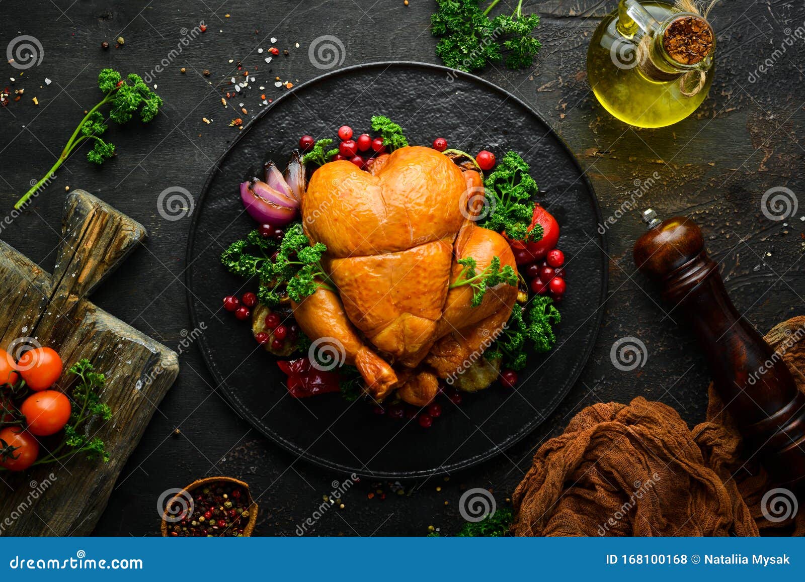 Baked Chicken With Vegetables And Cranberries Festive Traditional Food Thanksgiving Day Top
