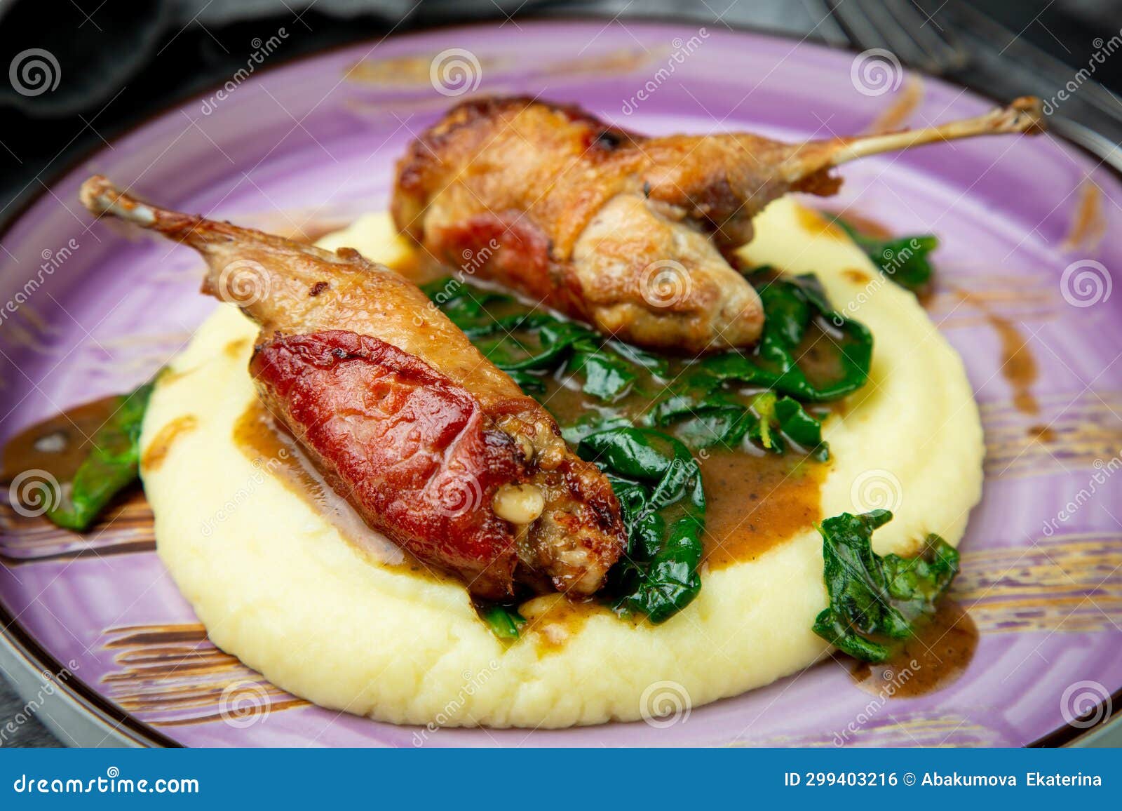 Baked Chicken Wings with Gravy, Spinach and Mashed Potatoes Top View ...